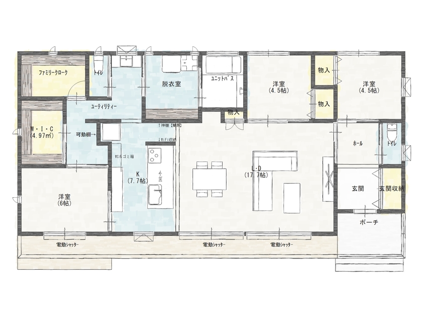 【SUUMO】 【33.31坪/平屋/間取り有】ファミリークロークを2つ採用！充実した収納を備えた平屋 - エイ・ワン(A-1 home) の建築実例詳細 | 注文住宅