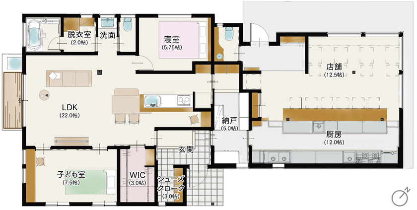 【SUUMO】 【ZEH住宅/40.2坪/平屋/間取り図あり/店舗併用】26.9坪の平屋（居住空間）と、こだわりデザインのお店！ - エコワークス 福岡オフィスの建築実例詳細 | 注文住宅