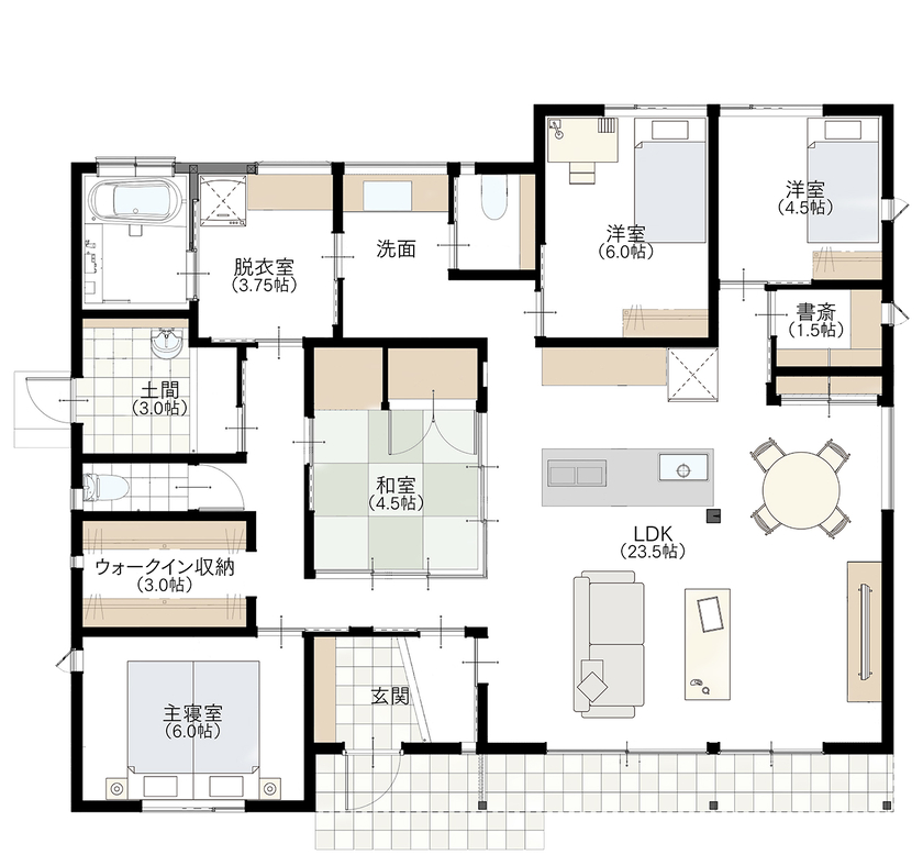 【SUUMO】 【ZEH住宅/37.5坪/平屋/間取り図あり】囲炉裏ダイニングや回遊動線など、キッチンにこだわった家づくり - エコワークス 福岡オフィスの建築実例詳細 | 注文住宅