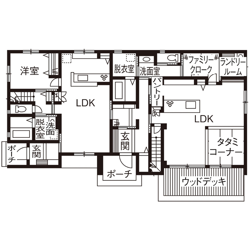 【SUUMO】 【3000～3499万円】LDK~水まわりの回遊動線が自慢！シューズクロークからの行き来も楽しい【二世帯住宅】 - 近藤建設 展示場の建築実例詳細 | 注文住宅