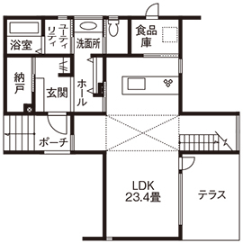 【SUUMO】 【2500～2999万円/43坪/4LDK /間取り図】伸びやかな吹抜けを中心に十字にクロスするLDKで家族をつなぐ家 - スカイハウス の建築実例詳細 | 注文住宅