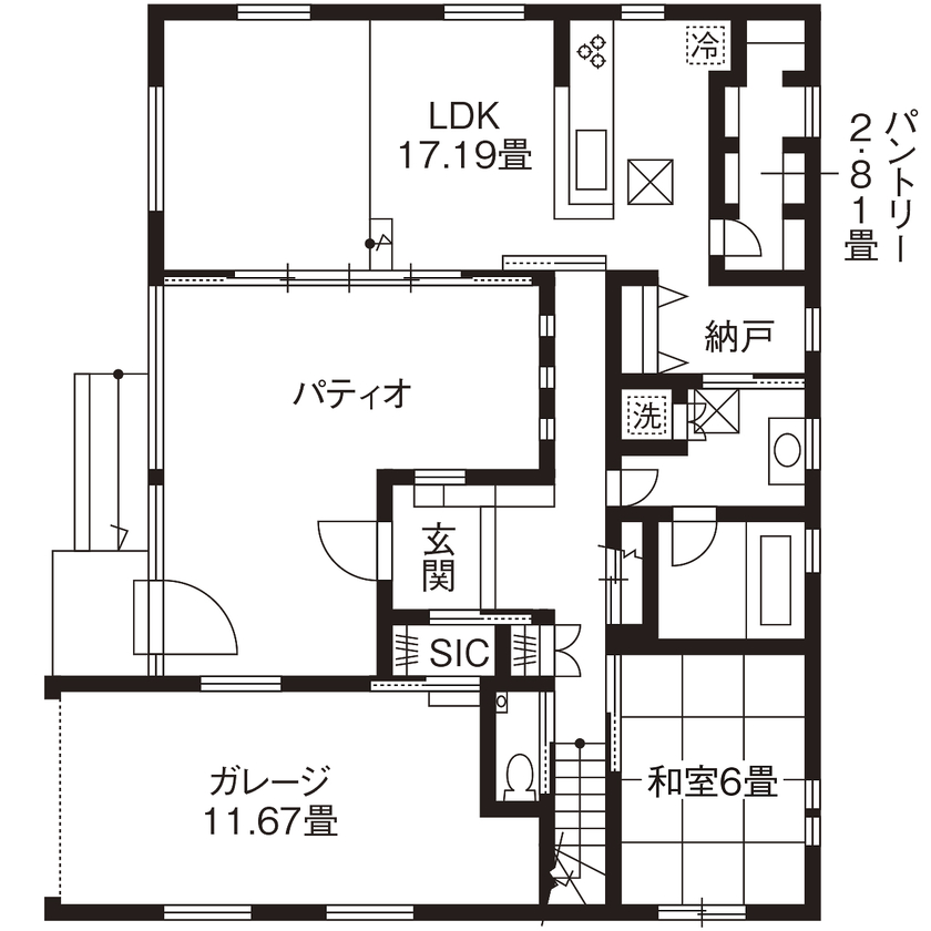 【SUUMO】 【5000万円台｜48坪｜間取り図有】パティオから室内に光を。プライバシーが守られたビルトインガレージの家 - 山万 の建築実例詳細 | 注文住宅