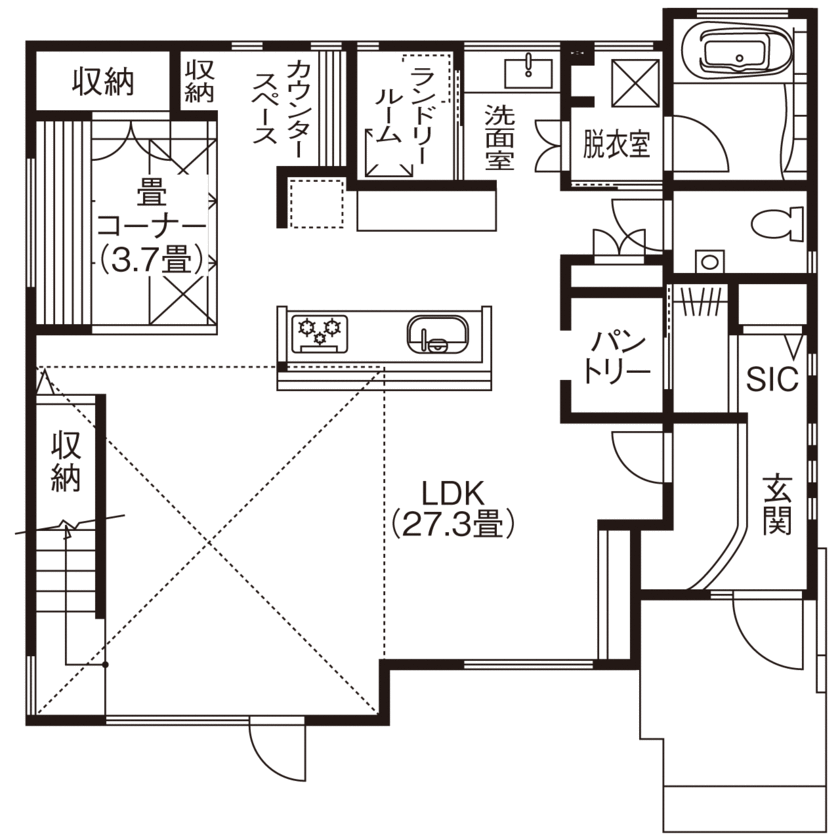 【SUUMO】 【3000万円台｜42坪｜吹き抜け｜間取り図有】家族でゆったり、開放感に包まれたLDK。家事のしやすさも注目 - 山万 の建築実例詳細 | 注文住宅