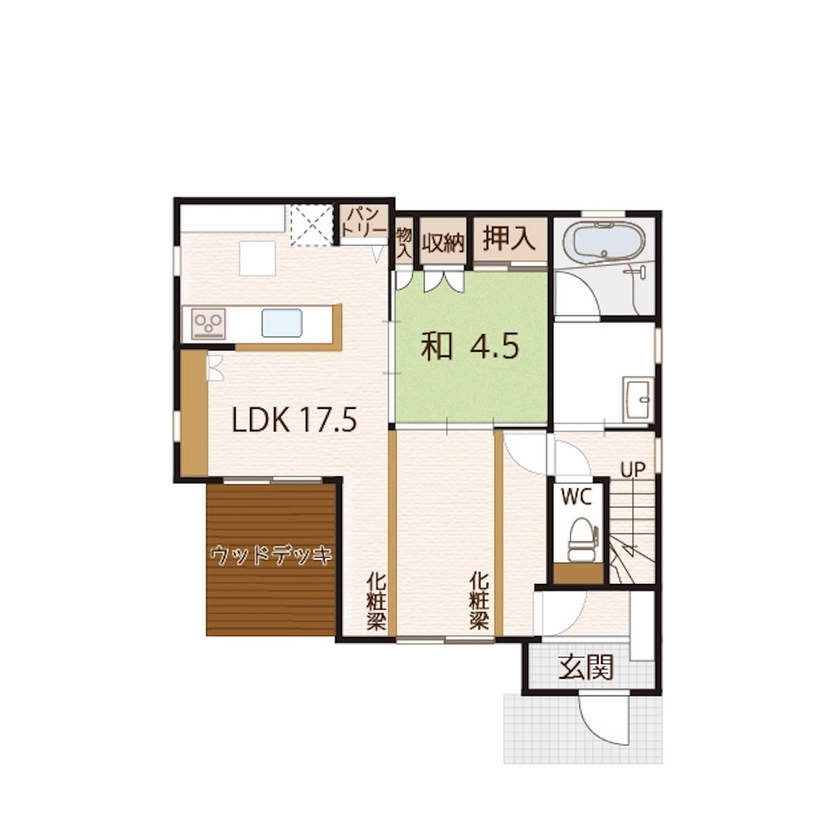 【SUUMO】 【41.7坪｜間取図｜17.5畳のLDK】和室からデッキまでフラットにつながる空間はゆったり過ごす憩いの場 - ISHIDAの家 石田工務店 の建築実例詳細 | 注文住宅